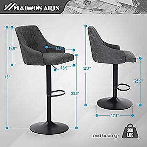 MAISON ARTS Swivel Adjustable Bar Stool with Back for Kitchen Counter Padded Counter Height Faux Leather Bar Chair with Heavy Duty Base for Pub Cafe Dining, 300LBS Weight Capacity, Grey, 1 Stool