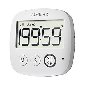 AIMILAR Digital Timer with Alarm Clock - Countdown Kitchen Cooking Timer, Big Digits, Magnetic, Stand, Hang, for Oven Baking Kids Teacher Study Games Office Gym Exercise White