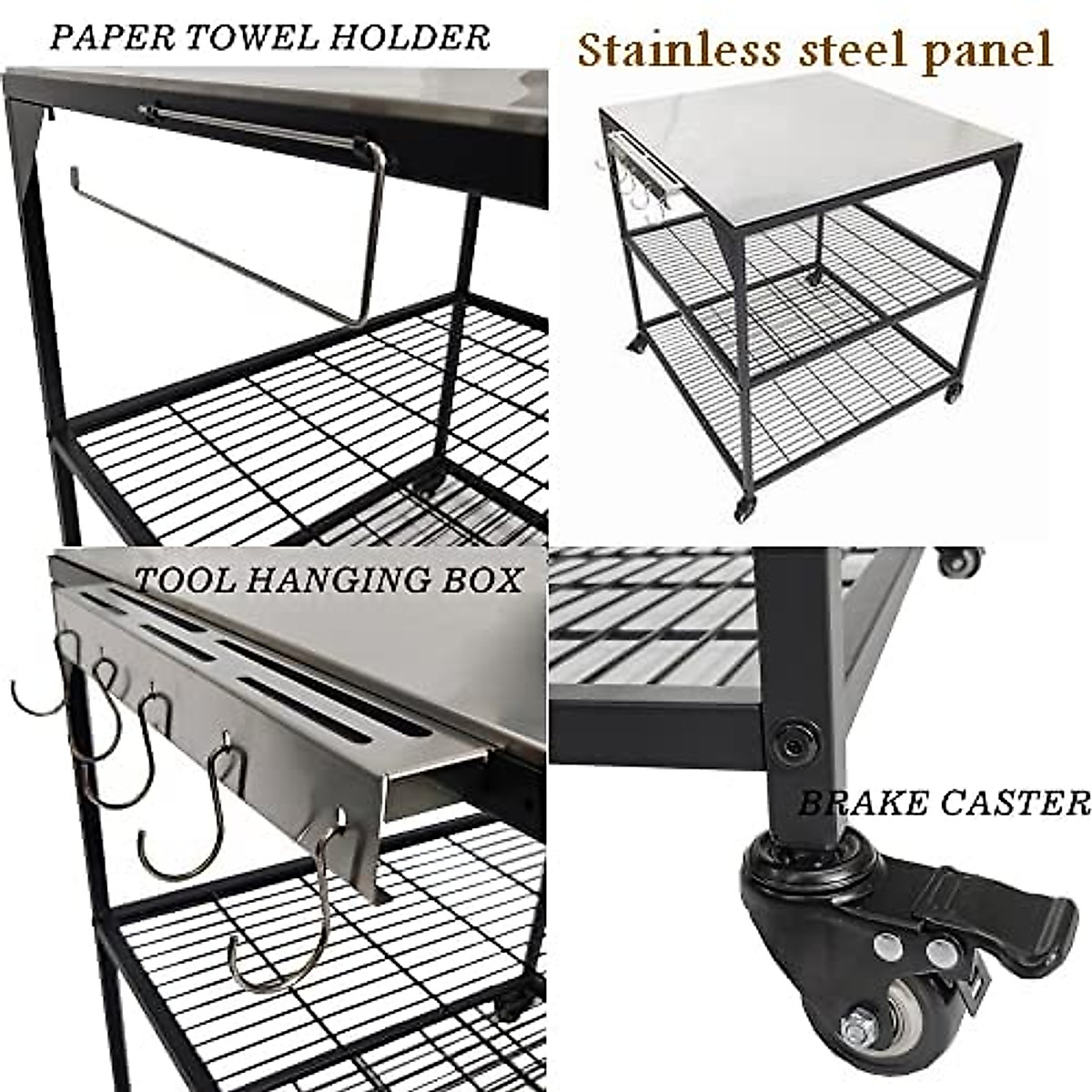 HWGckct Three-Shelf Movable Stainless Steel & Steel Outdoor Dining Cart Table Pizza Oven Protable Grill and Heavy Duty Grill Cart Outdoor Table
