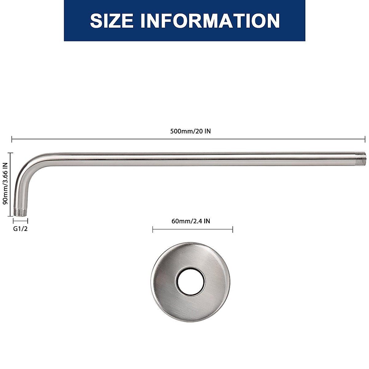 NearMoon Shower Arm, Extra Fixed Arm with Flange, Stainless Steel Wall-Mounted ShowerHead Arm (20 Inch, Brushed Nickel)