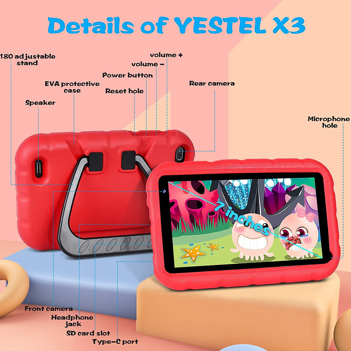 YESTEL Tablet for Kids 7 Inches, Android 11 FHD Kids Tablet 2GB RAM 32GB (Up to 128GB) with Shock- Proof Case, Reversible Stand, Dual Cameras, Red