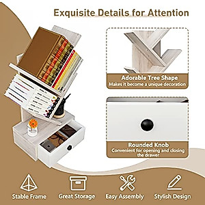 Giantex 5-Tier Tree Bookshelf with Drawer - Freestanding Retro Small Book Storage Rack for Small Place, Kids Room Wooden Decorative Bookcase with Storage for CDs, Magazines, Books, Beige