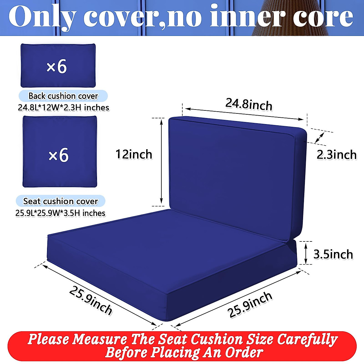 Patelai 12 Pcs Patio Cushion Covers Outdoor Cushion Covers Replacement Outdoor Cushion Slipcovers with Zipper for Outdoor Furniture, Patio Sofa Couch (6 Seat Covers and 6 Back Covers)(Navy Blue)