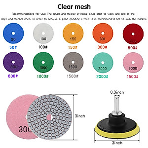 OCR Diamond Polishing Pads 3 inch Wet/Dry Polishing Kit 10pcs 50#-3000# Grit Pads Plus a Backer Pad for Granite Concrete Marble Polishing