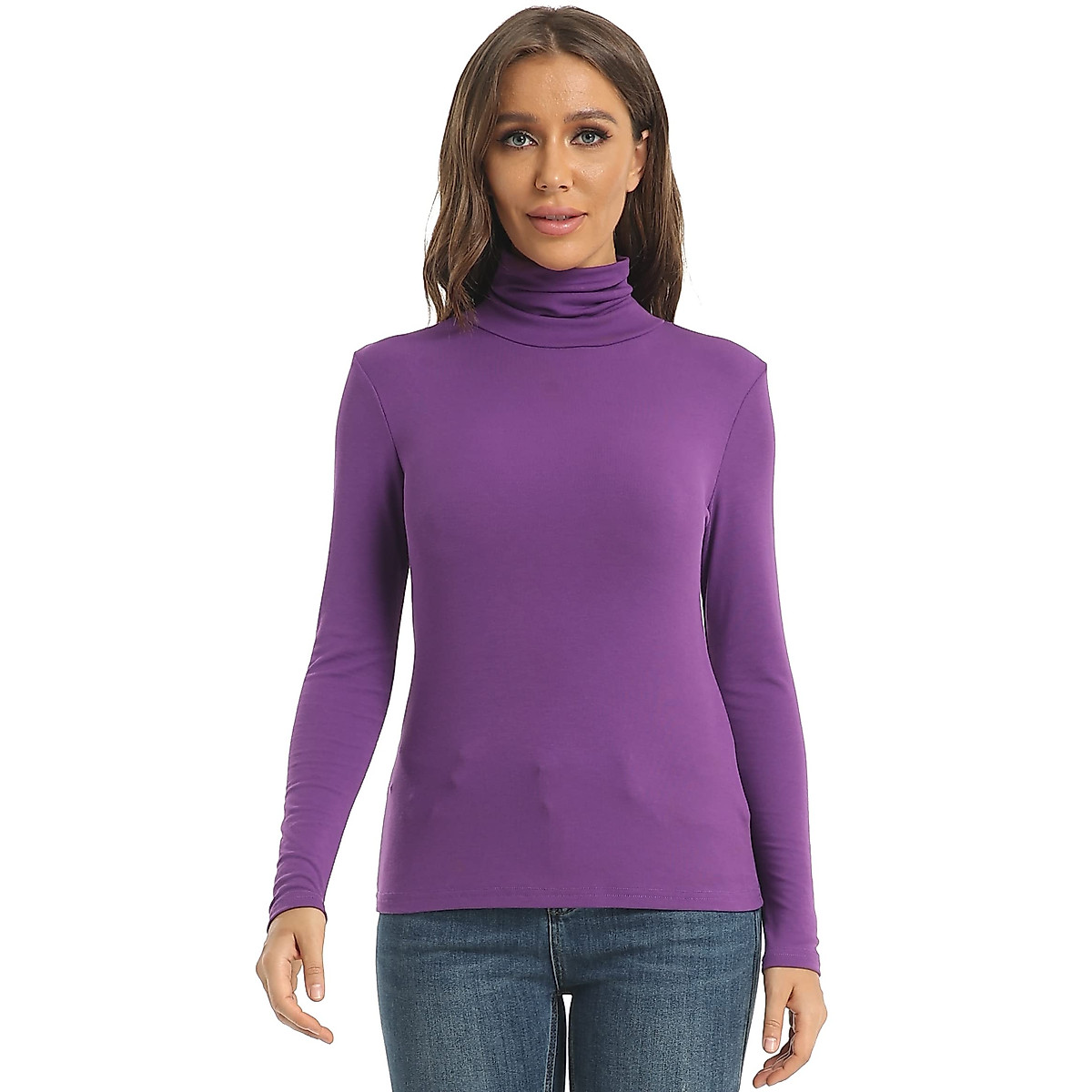 Women's Long Sleeve Turtleneck Tops Lightweight Slim Base Layer Shirt Purple X-Large