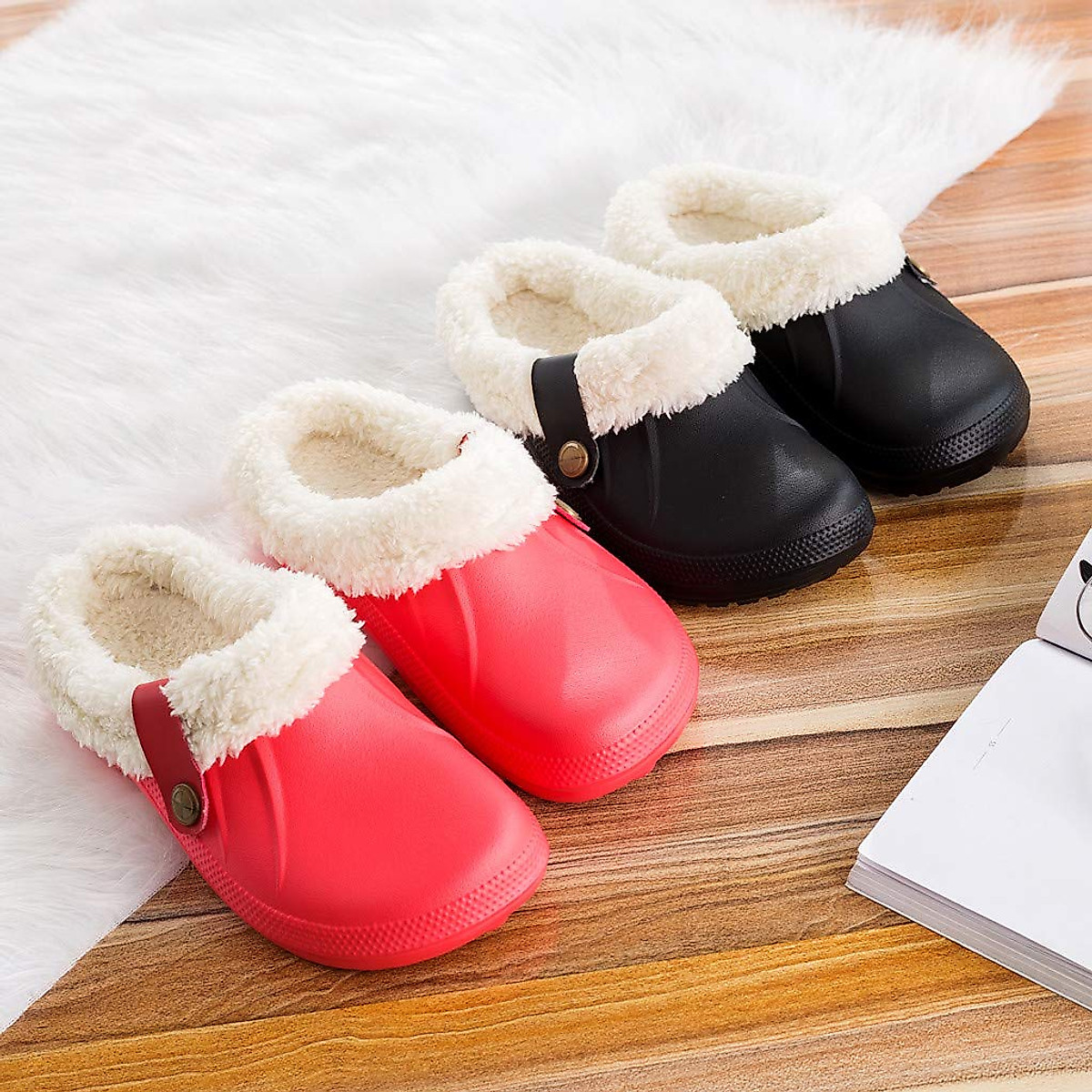 TooTu Waterproof Slippers Women Men Plush Lined Clogs Winter Garden Shoes Warm House Slippers Indoor Outdoor Red