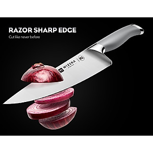 WIZEKA Kitchen Knife Set with Block, 15PCS Dishwasher Safe Knife Block Set with Sharpener, One-Piece German Stainless Steel Kitchen Knives, Silver Wings Series, Best Gifts for Him Her