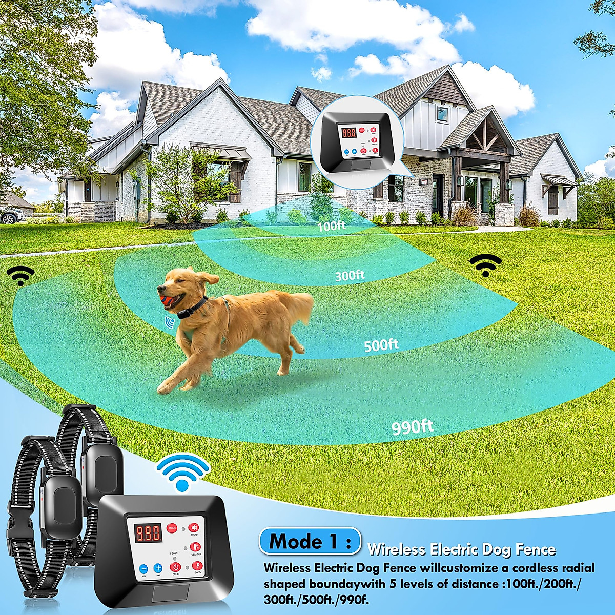 Rivulet Electric Wireless Dog Fence System Electric Dog Fence Pet Fence Wireless, 2-in-1 Dog Boundary Containment System&Rechargeable Shock Training Collar Range 990FT for Small Medium Large Dogs