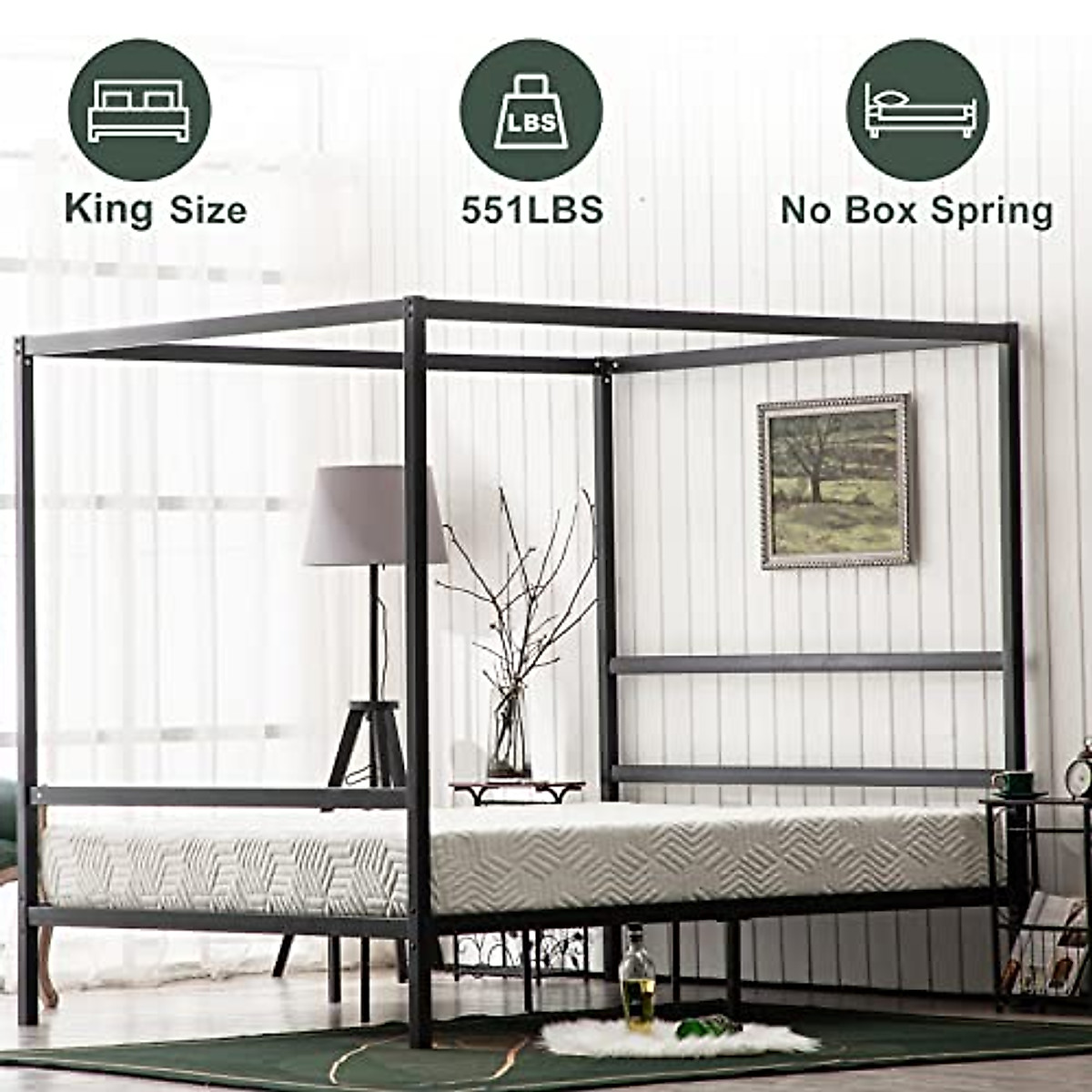 Bonnlo Black Canopy Bed Frame King with Headboard, Four Poster Bed Frame King, Metal