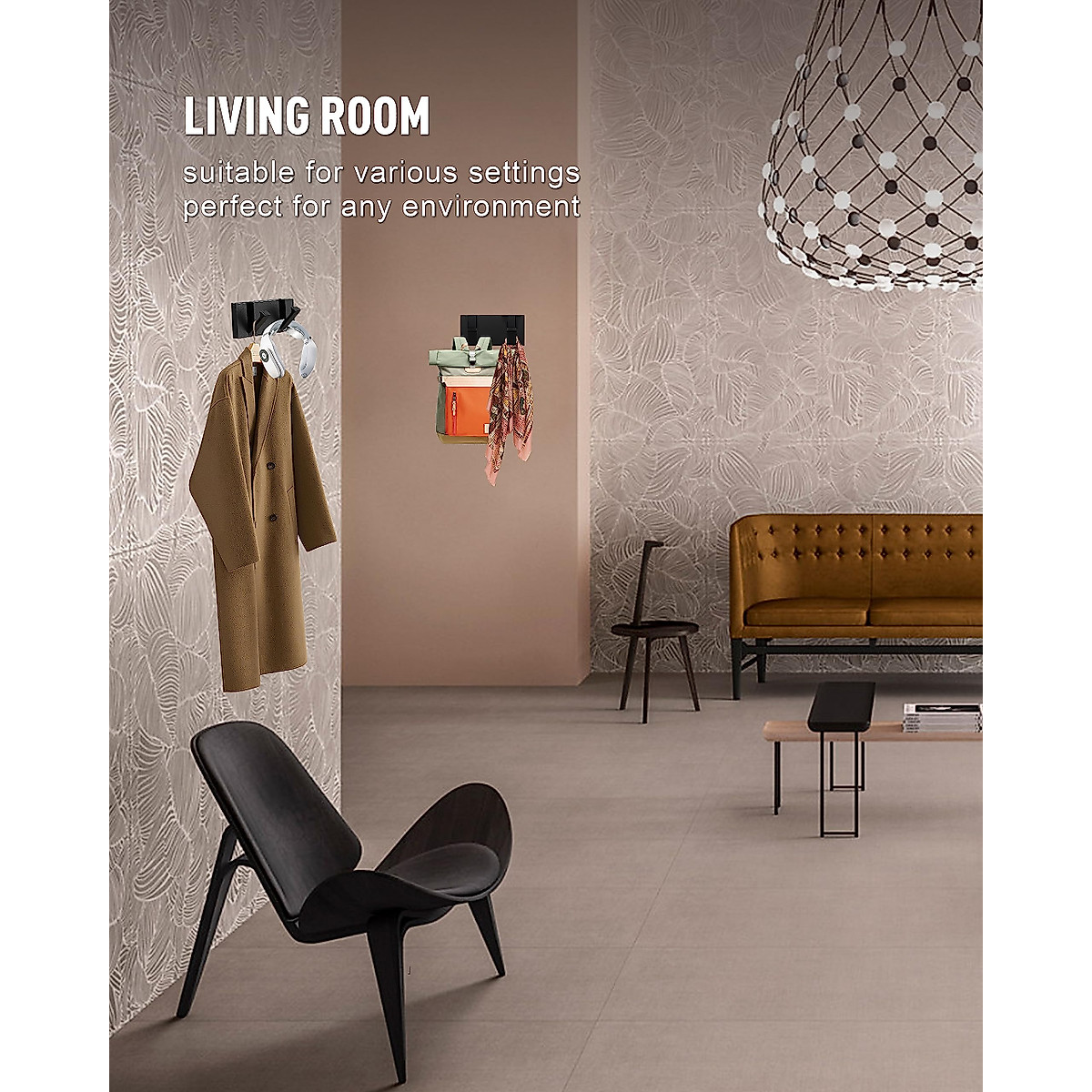 SPIEASSE 2 Pack，Modern Waterproof Black Wall Hooks，Foldable Towel Hooks for Bathrooms, Coat Hooks Wall Mounted - Ideal for Bathroom, Kitchen, Balcony