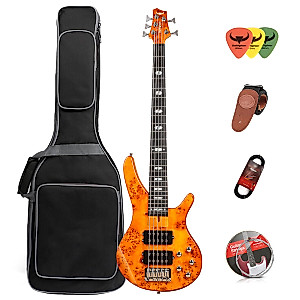 Electric Bass Guitar 5 Strings Full Size Bass Beginner Kit for Starter with Gig Bag, Guitar Strap, and Guitar Cable (yellow)