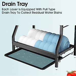 jiajunly 2 in 1 Kitchen Dish Drying Rack, Stainless Steel Large Capacity Dishrack, Multifunctional Rustproof Dish Drainer, 2-Tier Dish Rack for Kitchen Counter with Drainboard, Black