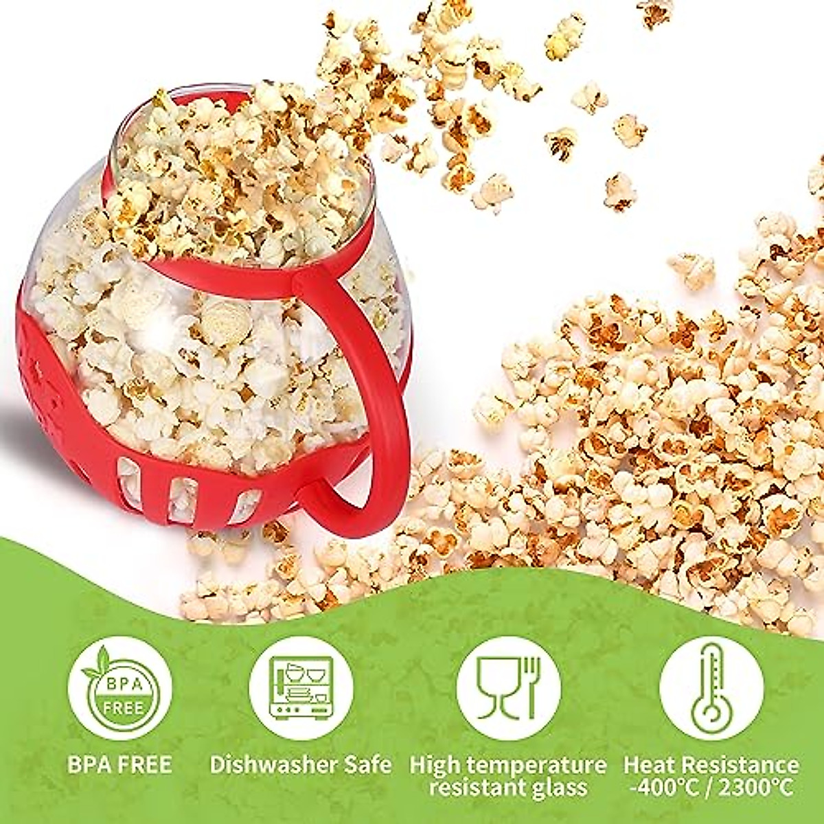 MMUGOOLER Glass Microwave Popcorn Popper, 2.25QT Original Popcorn Jar with Silicone Lid, BPA Free, Dishwasher Safe- Red