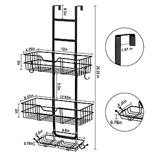 Fogein Over the Door Shower Caddy, Hanging Organizer Shelf Rustproof, Shower Basket with Suction Cup, Bathroom Shower Caddy Over The Door with Hook & Soap Box, No Drilling(3 Tier, Black)