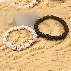 UEUC Distance Couple Bracelets with CZ Crown King&Queen Black&White Howlite 8mm Beads Bracelet