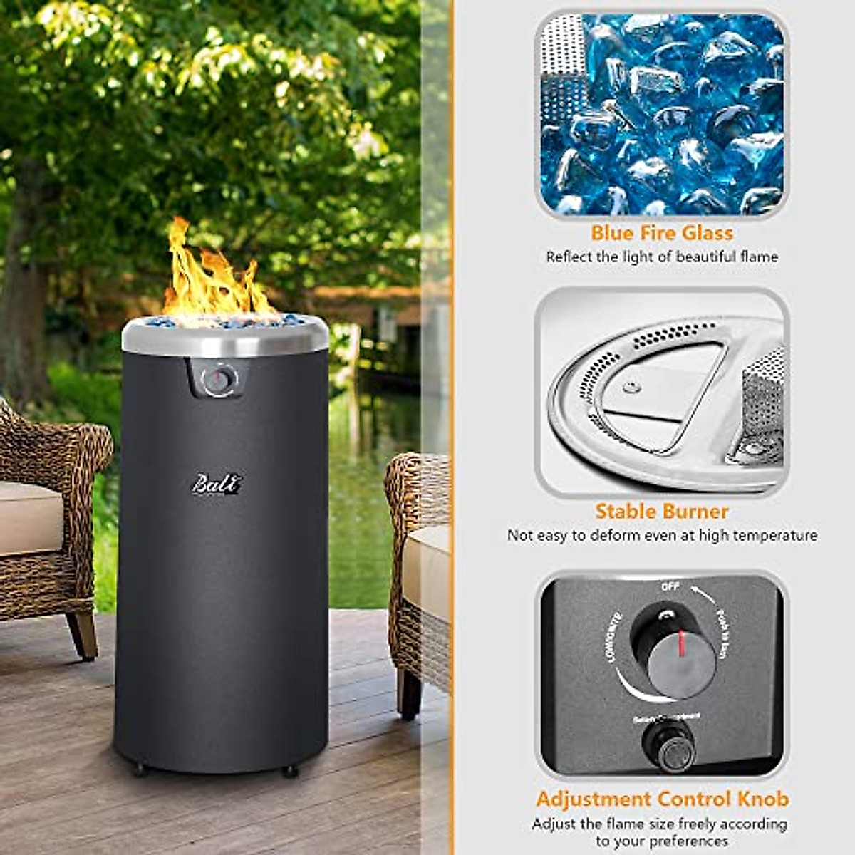 BALI OUTDOORS Round Propane Fire Pit Gas Firepit Fire Column, Blue Fire Glass, 15'' D x 32.6''H, Black