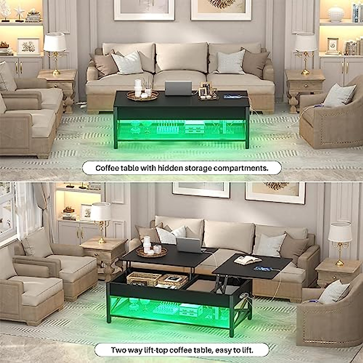Aheaplus Coffee Table, Lift Top Coffee Table with LED Light and Power Outlet, Modern Lift-Top Table with Storage Shelf, Center Table for Living Room with Lift Tabletop, X Support, Metal Frame, Black