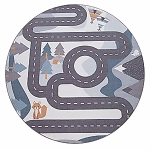 Kids Rug Play Mat Mountain Road with Bears & Trees for Playroom in Blue , Size: 2'8" x 4'11"