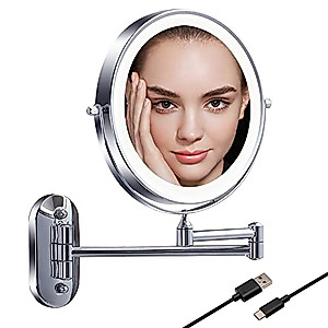 Tushengtu 8”Wall Mounted Makeup Mirror with Intelligent Light Control-10X Magnification, Rotatable Mirror, Adjustable Brightness and Color Temperature