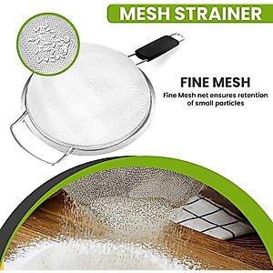 Kafoor 8" Large Fine Mesh Strainer with thermo plastic rubber handle - Sieve Fine Mesh Stainless Steel - Ideal to Strain Pasta, Quinoa and Rice.