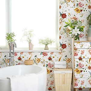 VEELIKE 17.7''x118'' Peel and Stick Wallpaper Vintage Pink/Red/Yellow Bouquet Floral Wallpaper Removable Self Adhesive Vinyl Decorative Contact Paper for Bedroom Bathroom Walls Cabinets