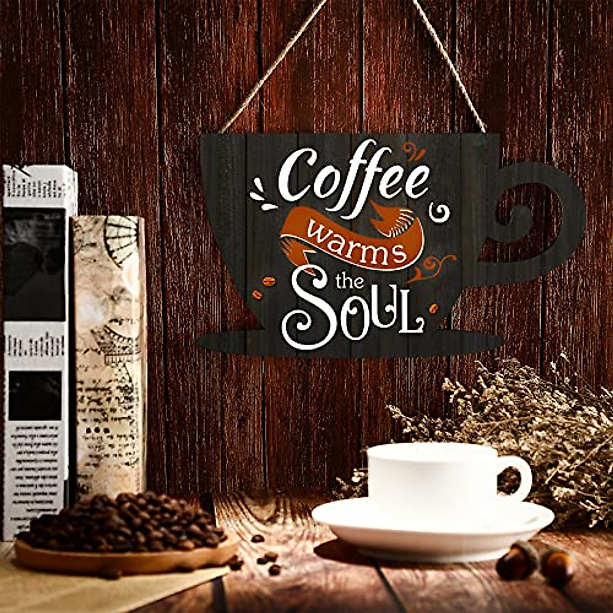 Jetec Coffee Bar Business Door Sign Wooden Coffee Wall Hanging Sign Rustic Farmhouse Coffee Cup Plaque Coffee Warms The Soul for Shop Store Window Restaurants Decoration 11.8 x 6.8 Inches