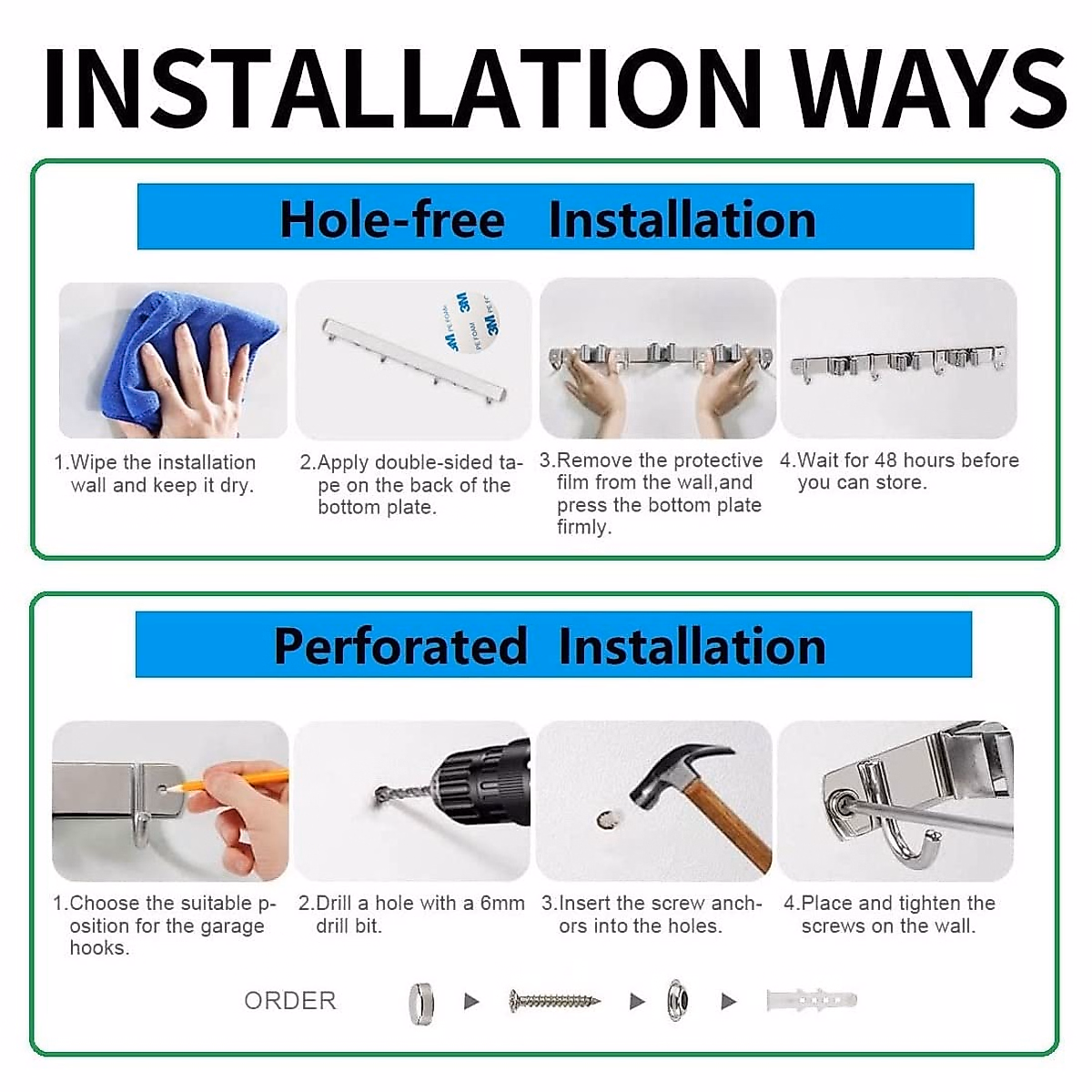 Mokife Mop Broom Holder Wall Mount Heavy Duty Adhesive Tools Organizer Rack Stainless Steel with 4 Positions 5 Hooks for Utility Room, Garage, Laundry, Garden, Kitchen, Bathroom, Toilet and Office