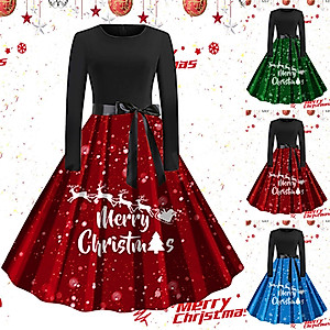 Christmas Dress Women Sexy Christmas Dresses Fall Dresses for Women 2023 Women's Trendy Long Sleeve Crewneck Vintage Aline Cocktail Midi Dress Christmas Tree Skirt
