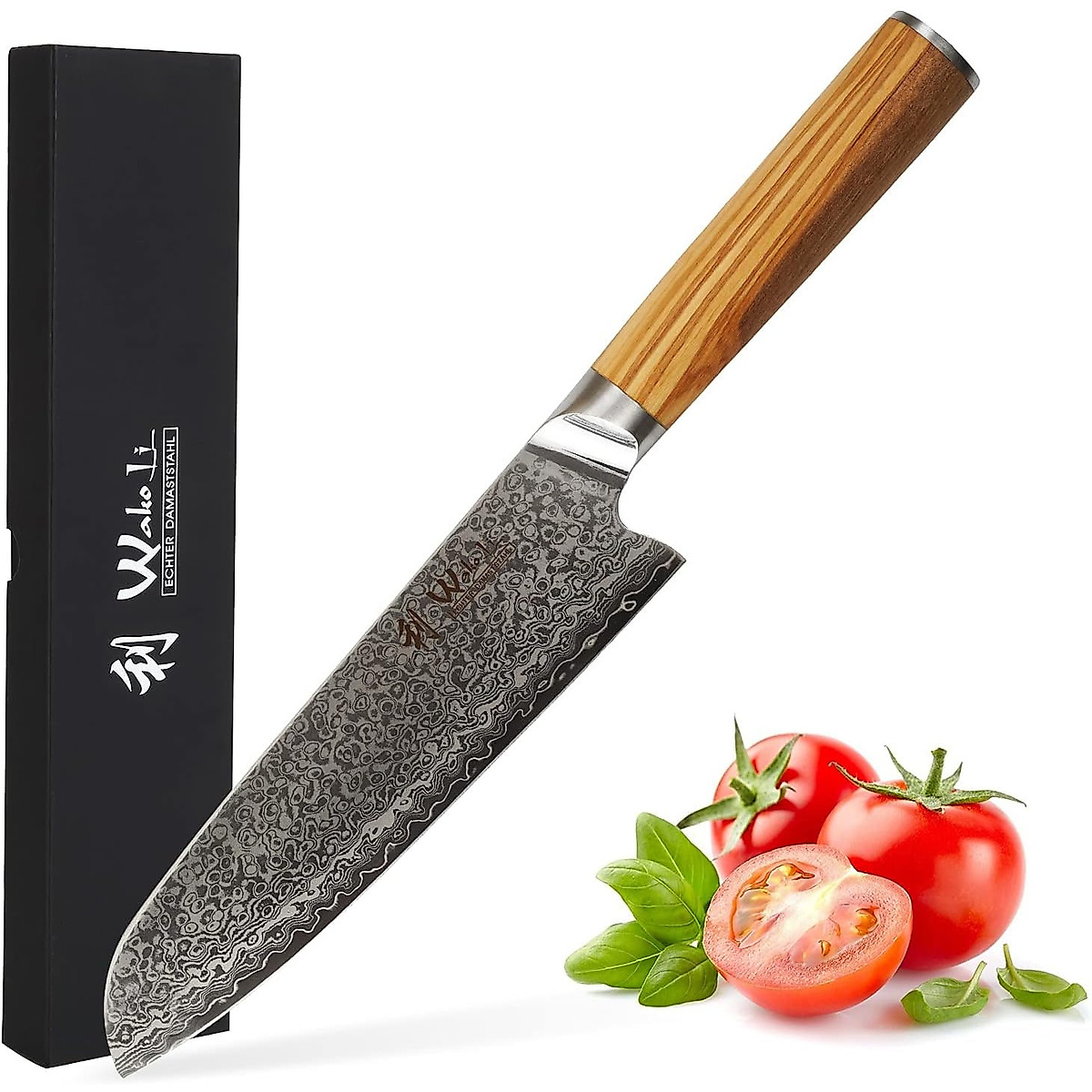 Wakoli Santoku Knife, 7-inch Blade Damascus Chef Knife made from 67 Layers of Damascus Steel with VG10 Core, Sharp Kitchen Knives with Olive Wood Handle, Meat Knife for All Tasks in Gift Box (Oribu)