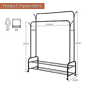 OYEAL Clothing Rack with Shelves Freestanding Garment Rack Clothing Rack on Wheels for Indoor Bedroom Hanging Clothes Hats and Shoes Black