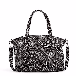 Vera Bradley Women's Cotton Pleated Multi-strap Shoulder Satchel Purse, Black Bandana Medallion, One Size