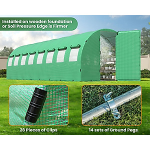 Papababe 26x10x7ft Large Walk-in Greenhouse for Outdoors with Watering System Upgraded Swing Door Tunnel Greenhouse kit, Heavy Duty Galvanized Steel Frame,Ground Pegs & Film Clips,16 Windows, Green