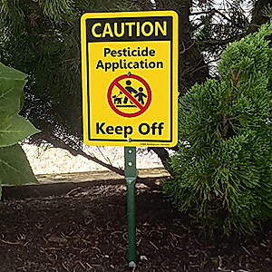 SmartSign 10 x 7 inch “Caution - Pesticide Application, Keep Off” Yard Sign and Stake Kit, 40 mil Laminated Rustproof Aluminum, Black/Red on Yellow, Set of 1