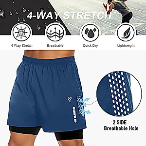 FIONECA 2 in 1 Running 5 Inch Inseam Shorts Men Breathable Mesh, Quick Dry Mens Athletic Shorts for Men Gym Sports Training(Navy Blue,S)