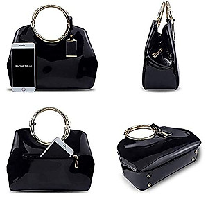 Rullar Women Elegant Handbag and Purse Top Handle Bag Patent Leather Tote Satchel Shoulder Clutch Crossbody Bag with Pendant Black