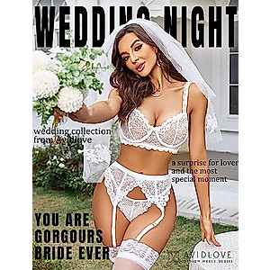 Avidlove Lace Garter Lingerie Set with Underwire Push Up Lingerie Set (No Stockings) (White, S)