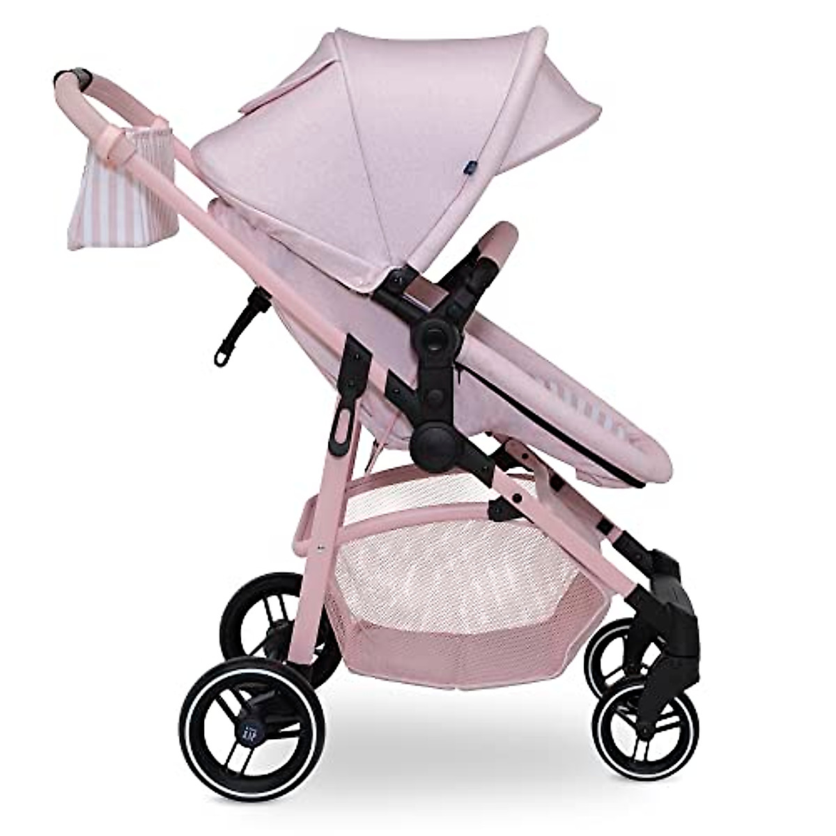 babyGap by Delta Children 2-in-1 Carriage Stroller - Greenguard Gold Certified - Car Seat Compatible, One-Handed Fold, Lightweight & Oversized Canopy - Made with Sustainable Materials, Pink Stripes