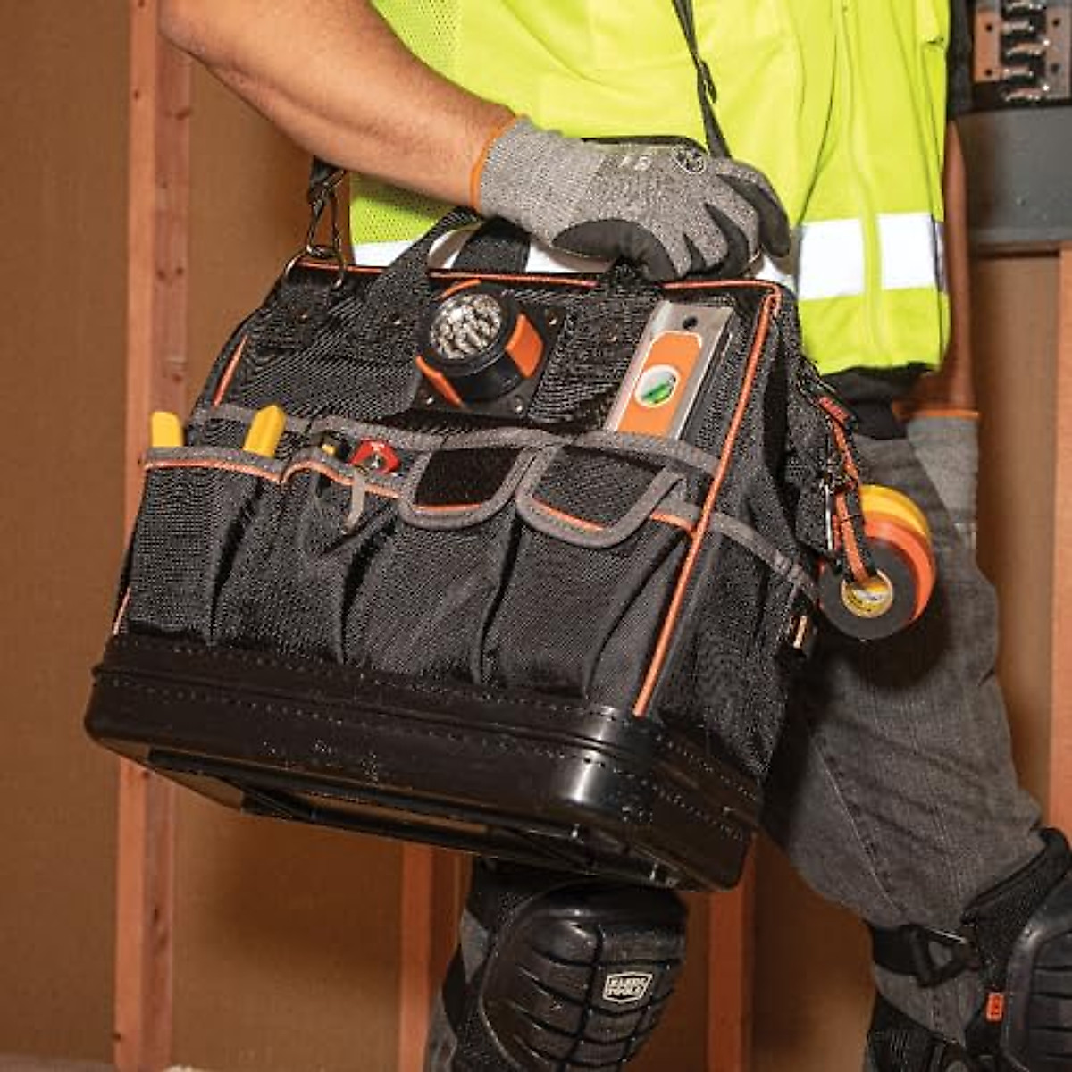 Klein Tools 55431 Tool Bag with Molded Bottom, Padded Shoulder Strap and Lighted Tool Storage with 31 Pockets