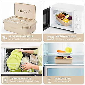 Porzu Bento Lunch Box, 1400 ML Lunch Box Meal Prep For Adults，3 Compartments Portable Food Container with Utensil (Beige)