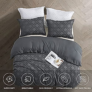 Maple&Stone Queen Duvet Cover Set, 3 Pieces Textured Tufted Boho Bedding Sets Zipper Closure Design with Ties, 1 Duvet Cover + 2 Pillow Shams, Comforter NOT Included (Dark Grey, Queen Size)