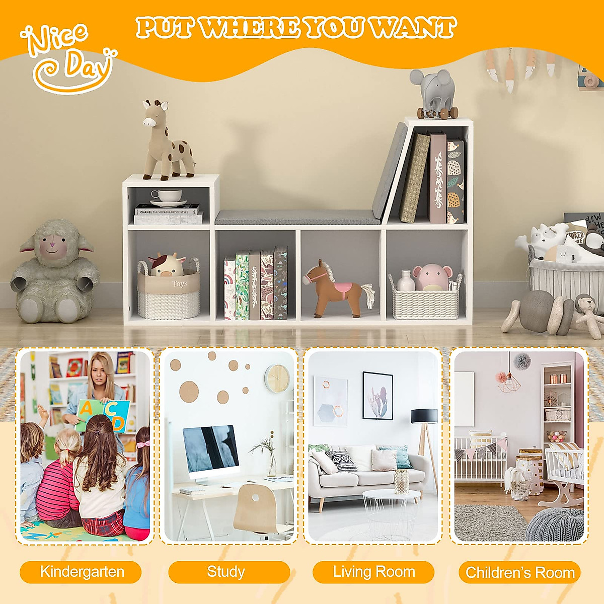 NACHES Kids Bookshelf with Reading Nook for Kids Room, 6-Cubby Bookcases with Bench Seat Cushion Thick Wood Board, Multi-Purpose Toys Storage Organizer for Toddler Nursery, Bedroom, Play Room (White)