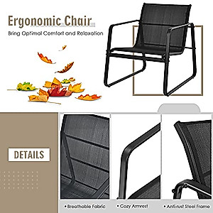 Tangkula 3 Pieces Outdoor Conversation Set, Patiojoy All-Weather Patio Furniture Set with Breathable Fabric and Steel Frame, Bistro Chat Set for Porch, Garden, Backyard (Black)