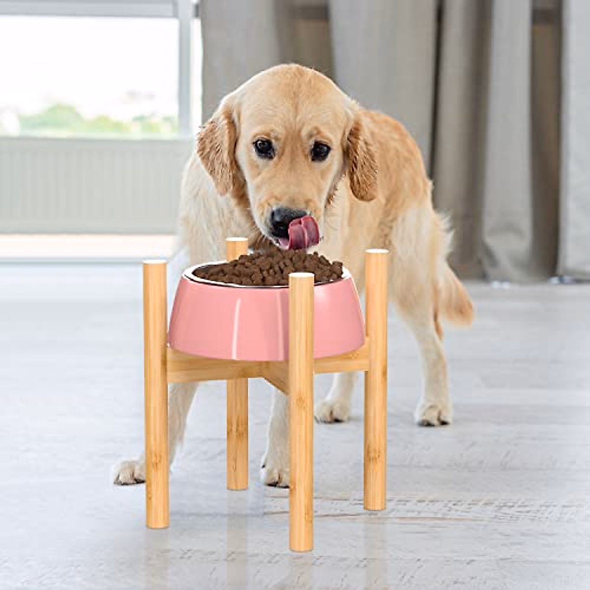 Tall Elevated Stand Raised Dog Bowl for Large Dogs 8-inch Single Dog Food and Water Bowl Stand Bamboo Dog Food Bowls Slow Feeder Stand