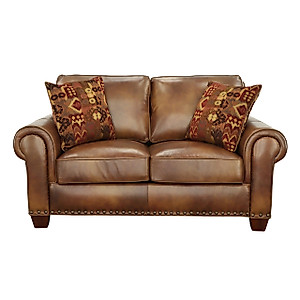 Steve Silver Company Silverado Upholstered Loveseat with 2 Accent Pillows, Living Room, Game Room, Genuine Leather, Antique Nailhead Trim, Rustic Styling, Bedroom, Sofa, 41" D x 68" W x 38" H, Brown