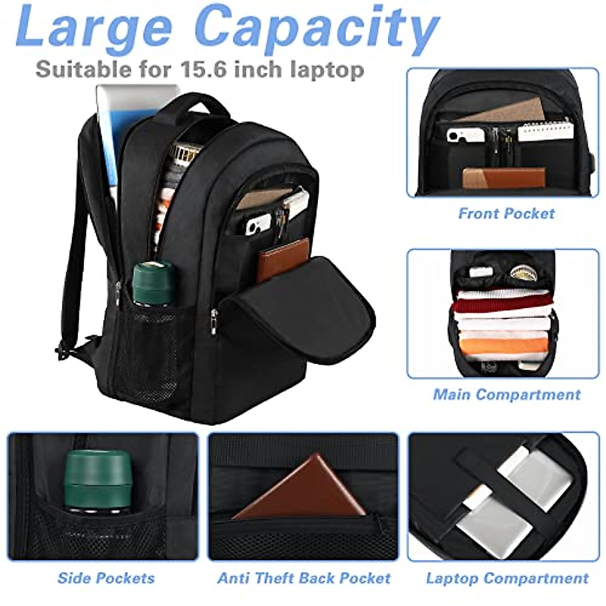 AMBOR Backpack for Men, TSA Laptop Backpack College School Backpack with USB Port fit 15.6 Inch Laptop, Work Backpack for Men Women Teacher Nurse Student Gifts, Black