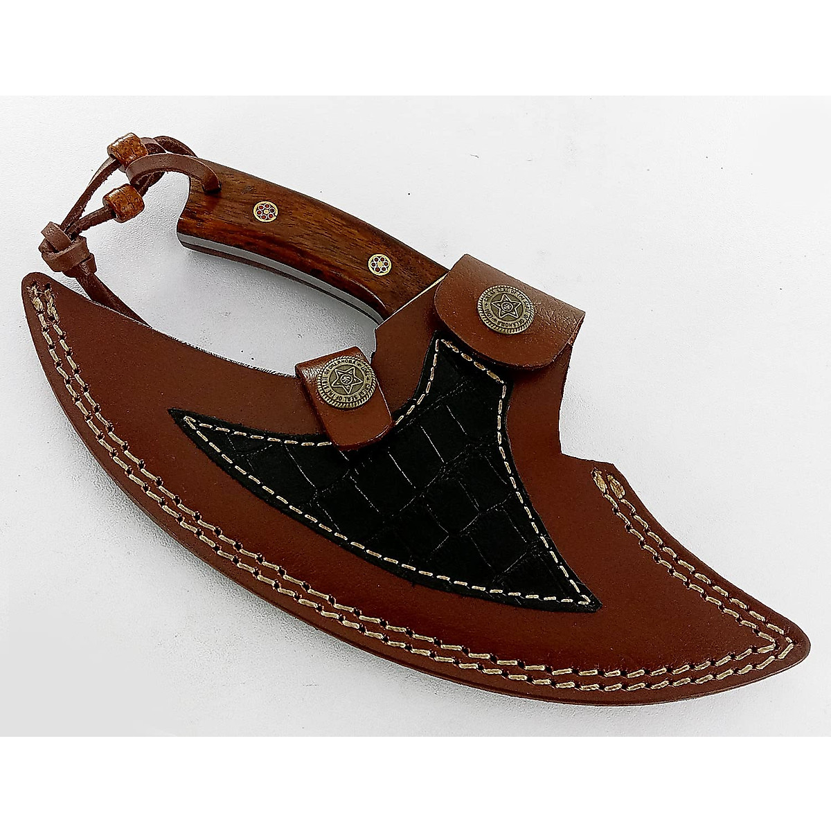 Damascus Steel alaskan Ulu Knife - Fixed Blade knife for Chopping Boning Slicing Cutting,Solid Burl Rose Wood Handle with Leather Sheath.SM145