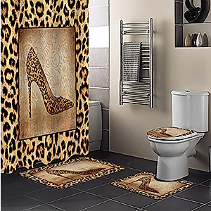 4 Pcs Shower Curtain Sets Brown Wild Leopard Print High Heel Waterproof Fabic Bathroom Set with Non-Slip Rugs Toilet Lid Cover Bath Mat, Sexy Women Shower Curtain with Hooks -66x72 inch, Large
