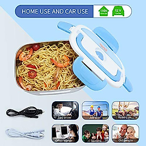 VECH Car Electric Heating Lunch Box 110V & 12V 40W 2 in1 Home Electric Thermal Lunch Box Food Heater Warmer, Stainless Steel Food Heater 1.5L for Heat Preservation, Office, School, Traveling (Blue)