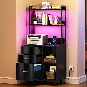 YITAHOME 3 Tier Bookcase, Bookshelf with Lighting, File Cabinet with Charging Station, 3 Drawer Wood Filing Cabinet, Printer Stand with Open Storage Shelves for Home Office, Black