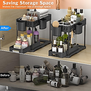 HINZER Under Sink Organizers and Storage, Slide Out Kitchen Cabinet Organizer 2 Tier Bathroom Counter Organizer with Hooks, Hanging Cups, Dividers, Multipurpose Cleaning Supplies Organizer for Home